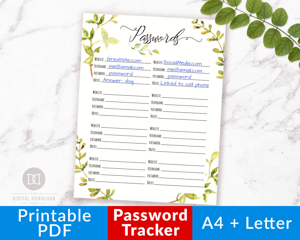 Password Tracker Printable- Watercolor Greenery | The Digital Download Shop