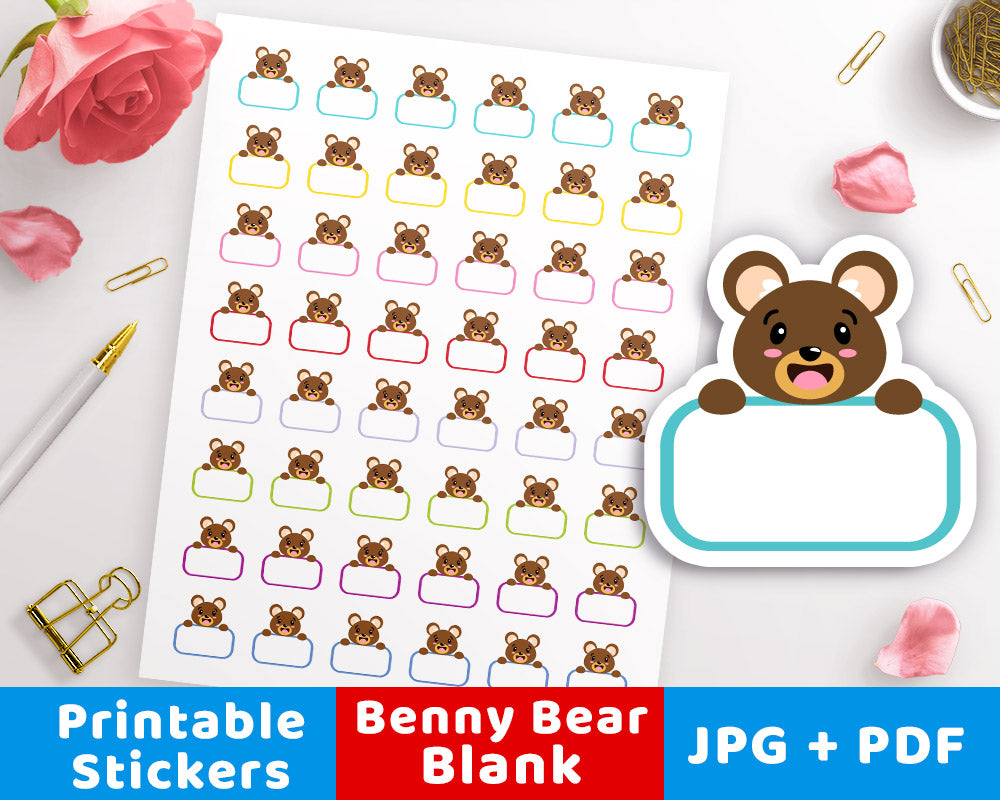 Blank Printable Planner Stickers- Benny Bear | The Digital Download Shop