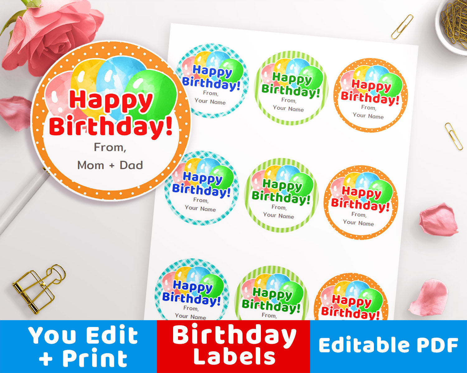 Happy Birthday Labels Editable Printable | The Digital Download Shop
