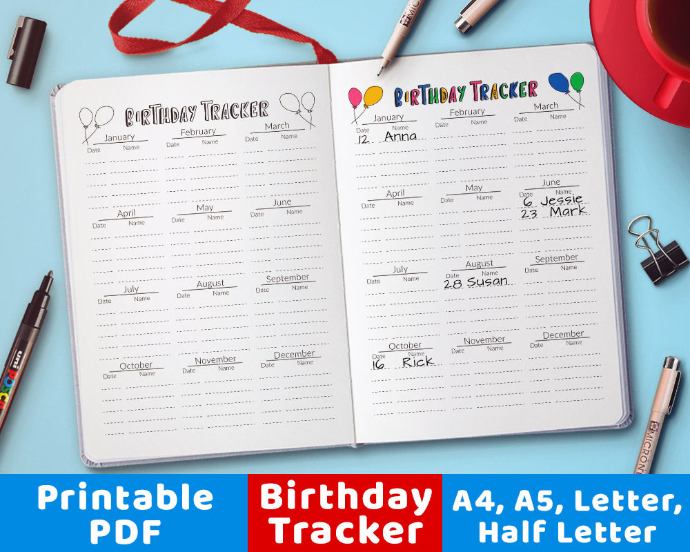 Bullet Journal Birthday Tracker Log Printable | The Digital Download Shop
