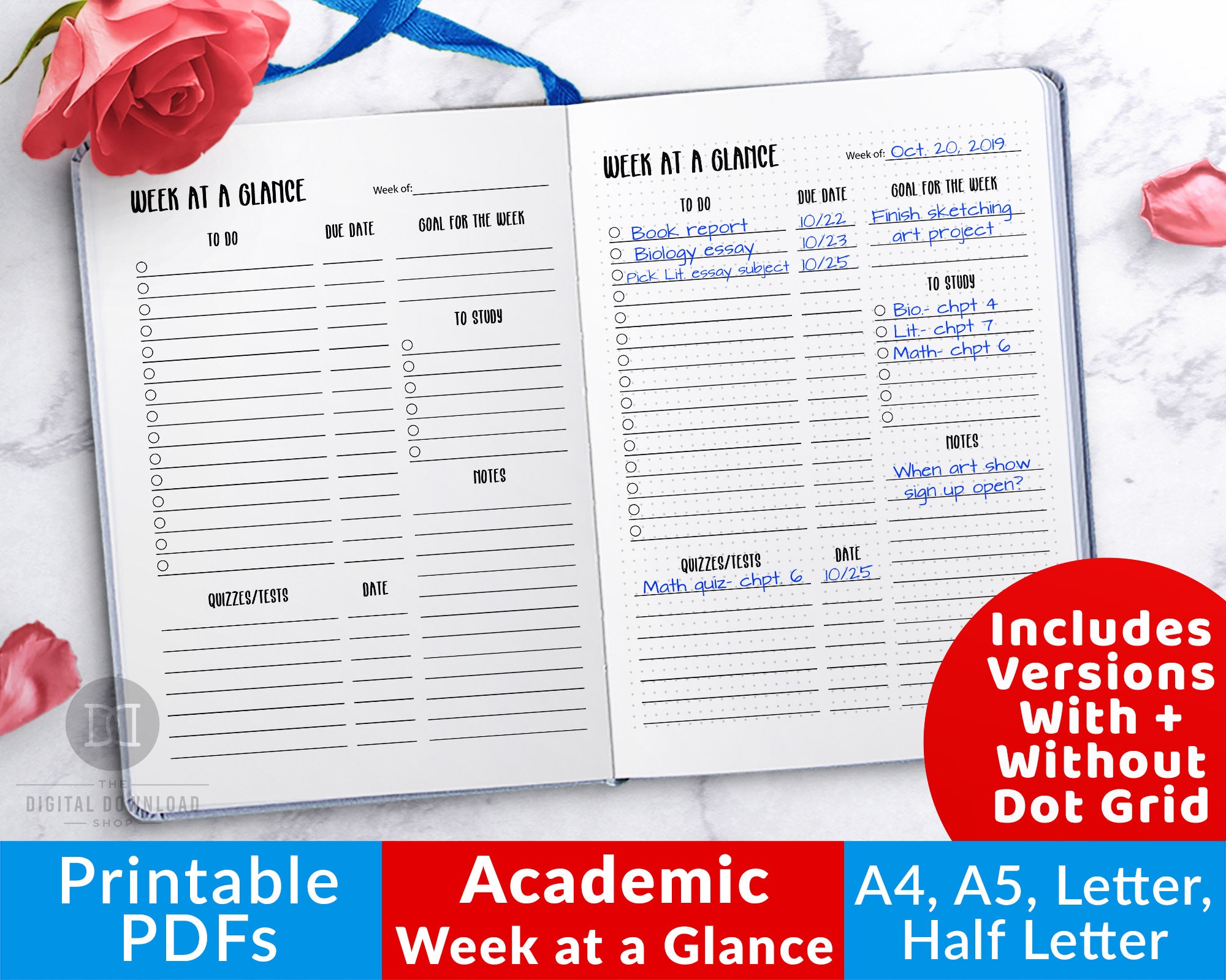 Academic Week at a Glance Planner Printable | The Digital Download Shop