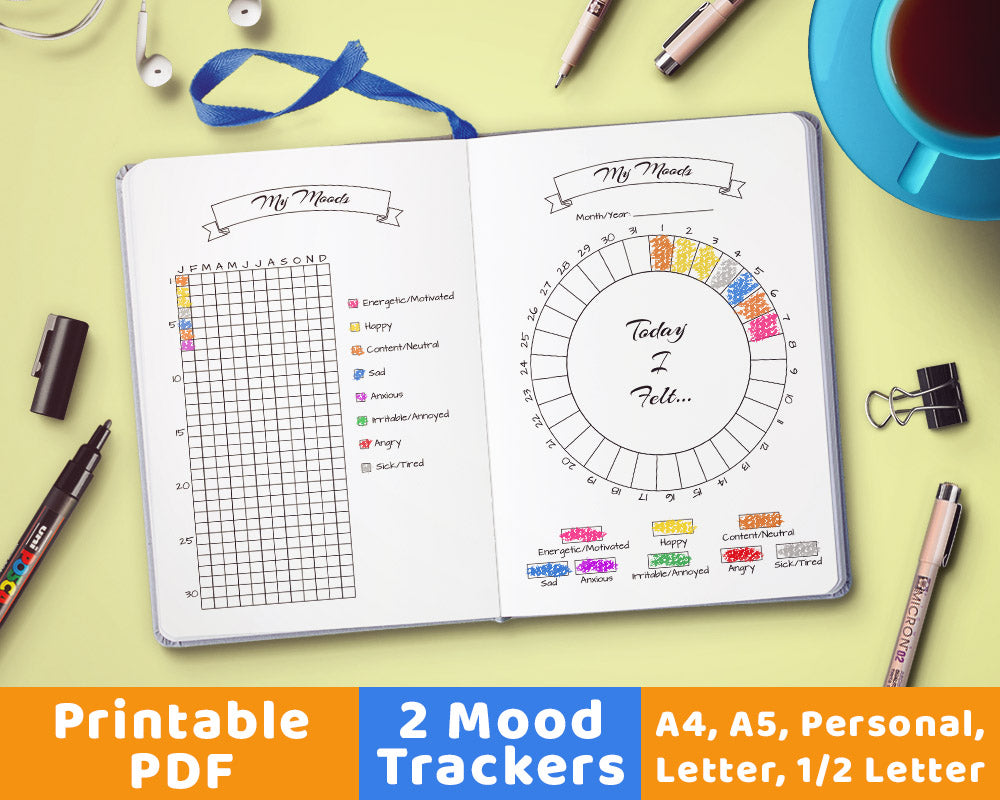 2 Bullet Journal Mood Tracker Printables- Circle + Year in Pixels | The ...