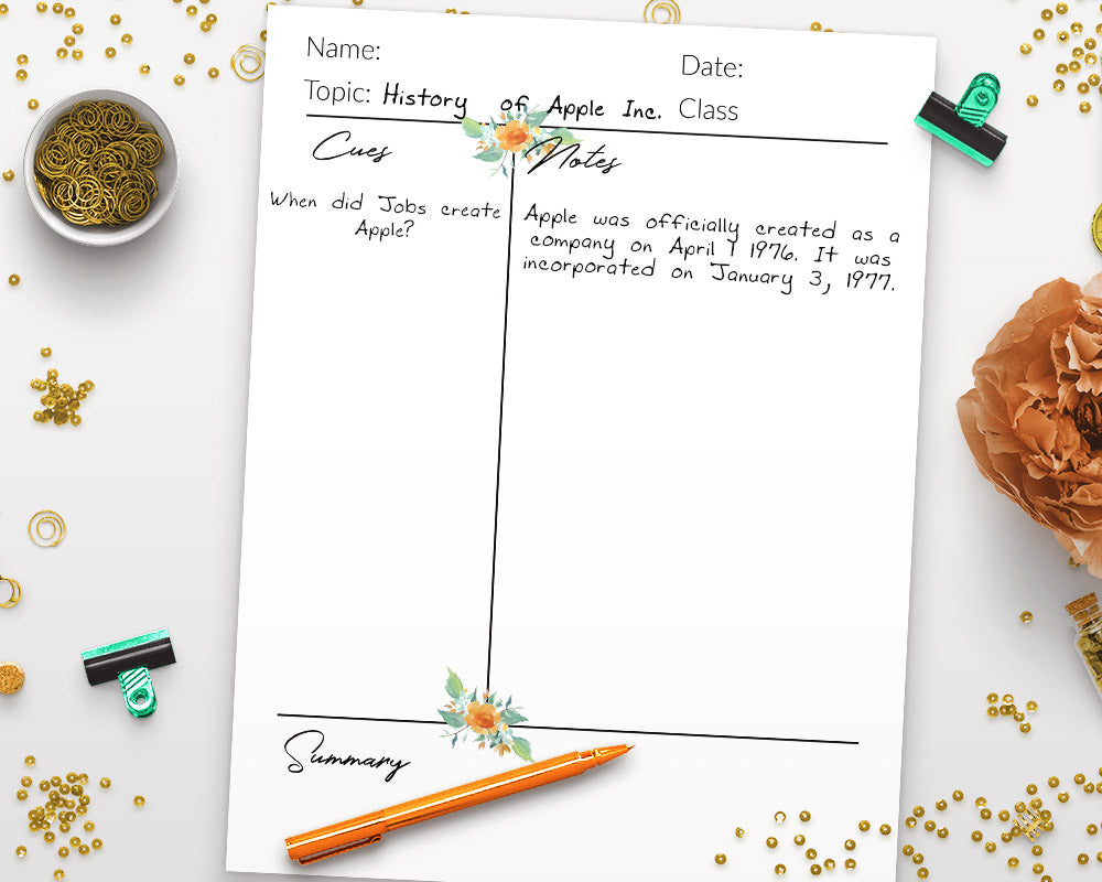 Cornell Notes Template Printable- Watercolor Floral | The Digital ...