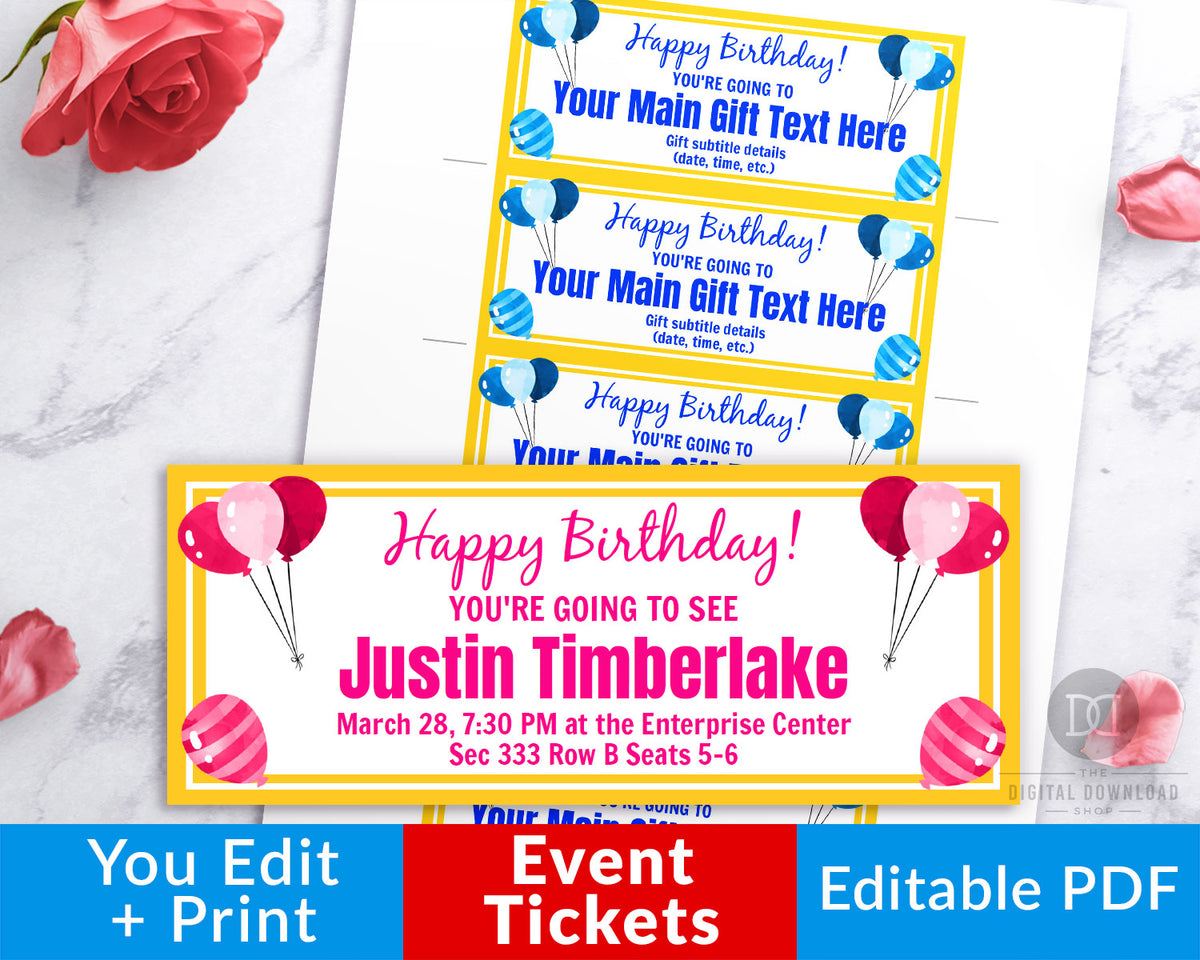 Event Ticket Editable Printable- Birthday | The Digital Download Shop