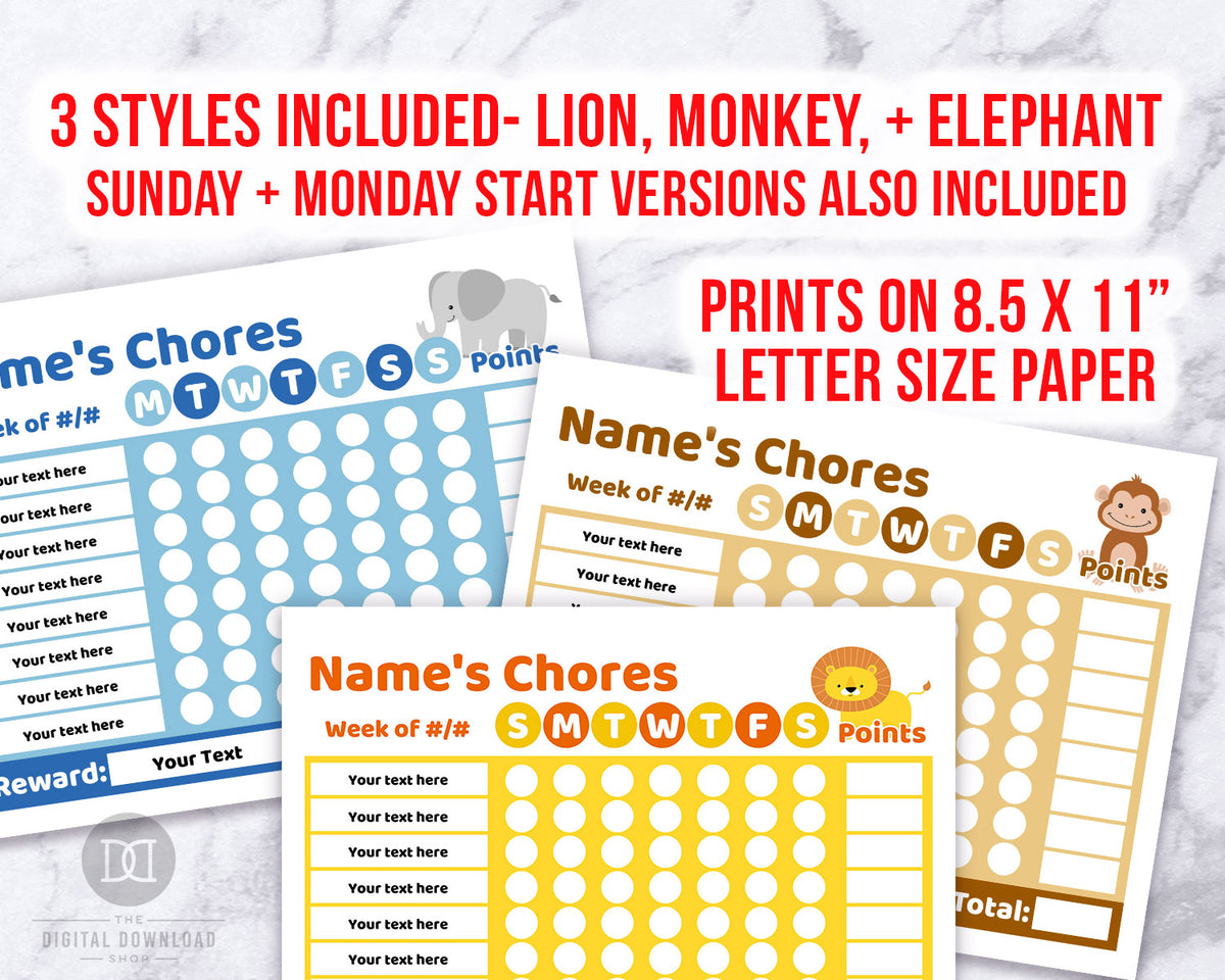Kids Chore Chart Printables Editable- Zoo Animals | The Digital ...