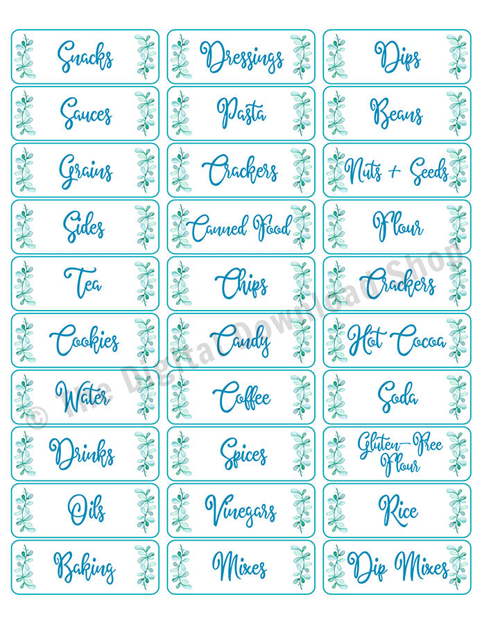 Printable Kitchen Labels Rectangles- Watercolor Leaf | The Digital ...