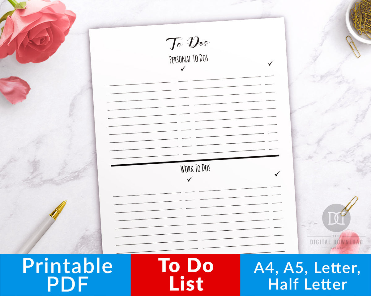 To Do List Printable- Personal + Work | The Digital Download Shop