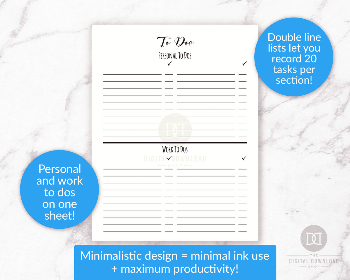 To Do List Printable- Personal + Work | The Digital Download Shop